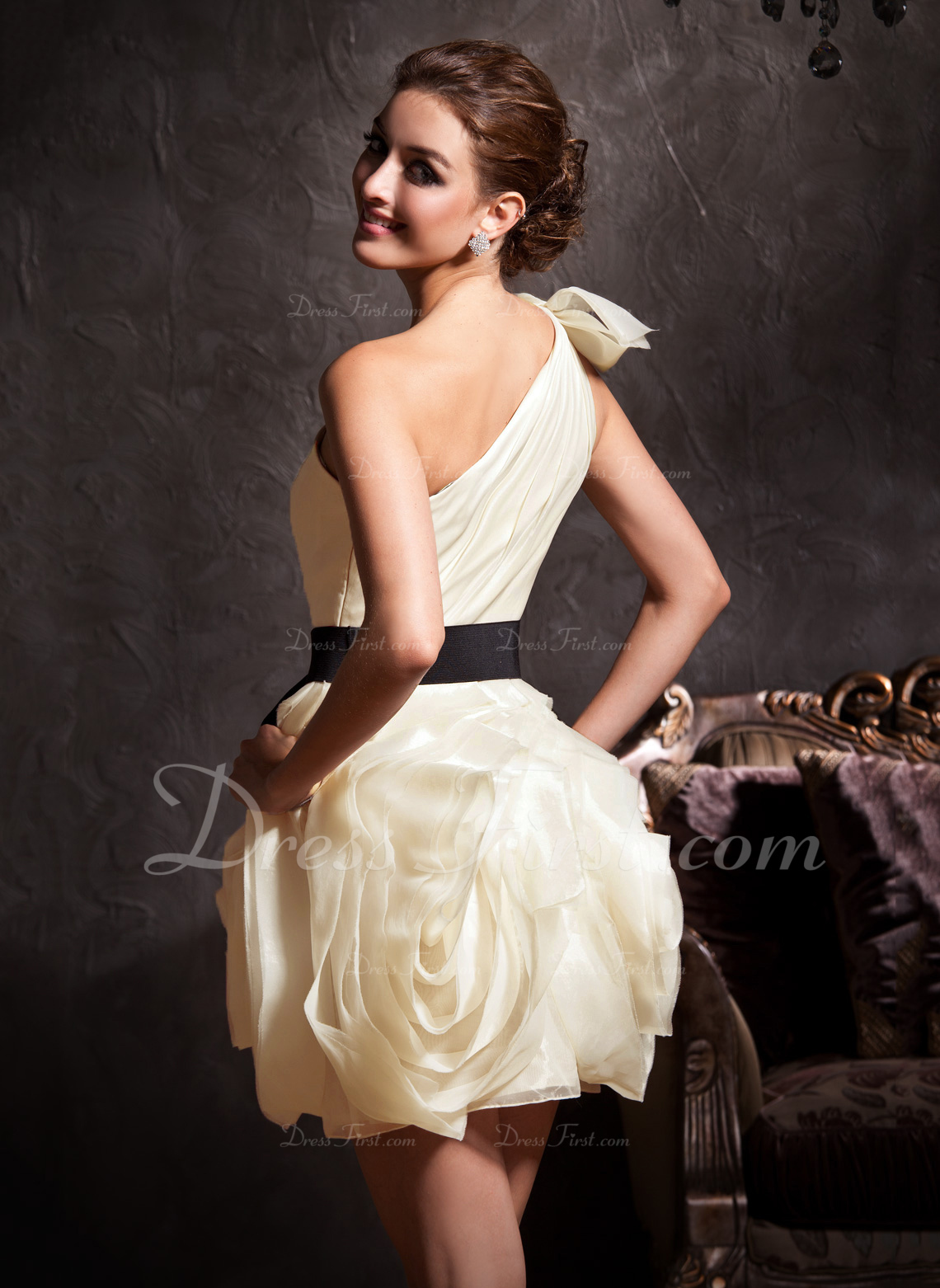 Sheath Column One Shoulder Short Mini Organza Cocktail Dress With