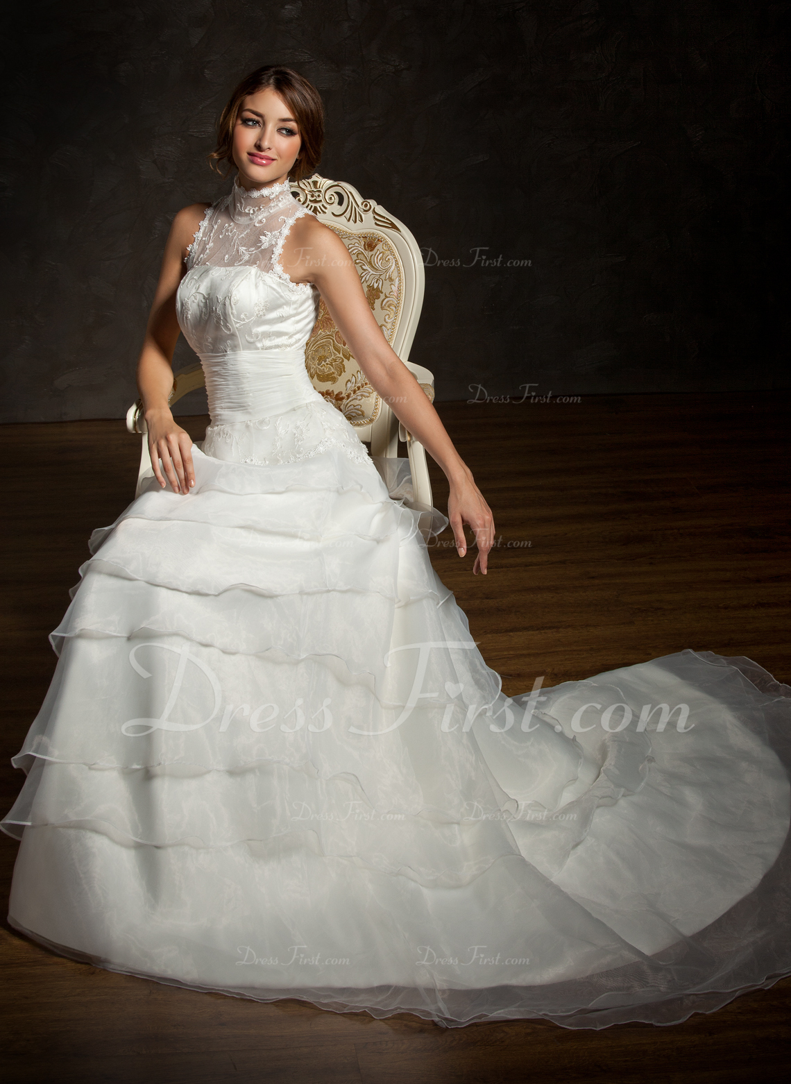 A Line Princess High Neck Chapel Train Satin Organza Lace Wedding Dress