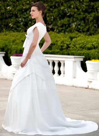 A-Line/Princess Square Neckline Court Train Taffeta Wedding Dress With ...