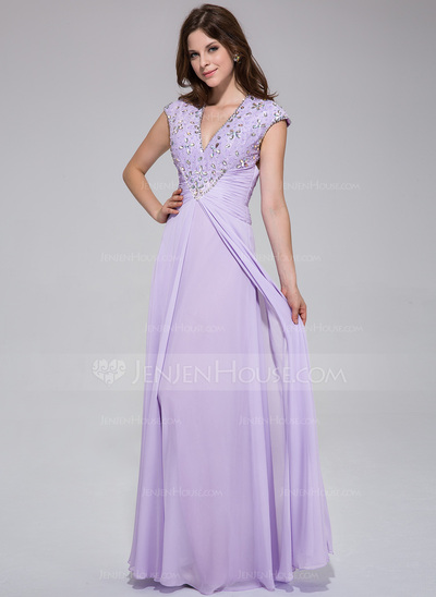 A-Line/Princess V-neck Floor-Length Chiffon Prom Dress With Ruffle Lace ...