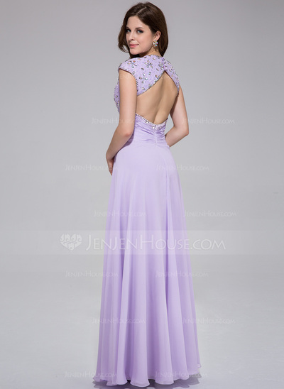 A-Line/Princess V-neck Floor-Length Chiffon Prom Dress With Ruffle Lace ...