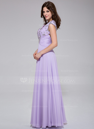 A-Line/Princess V-neck Floor-Length Chiffon Prom Dress With Ruffle Lace ...