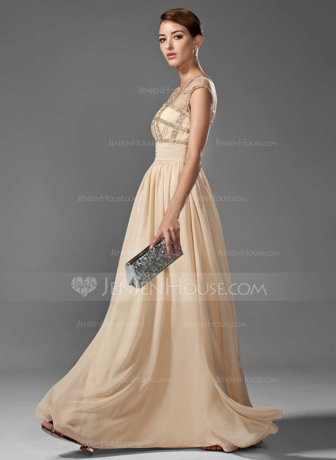 A-Line/Princess Scoop Neck Floor-Length Chiffon Prom Dresses With ...